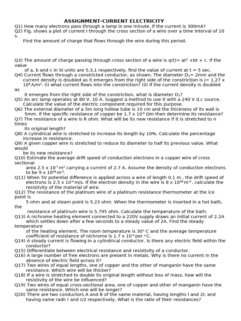 Current Electricity Revision Assignment 1 | PDF | Electrical ...