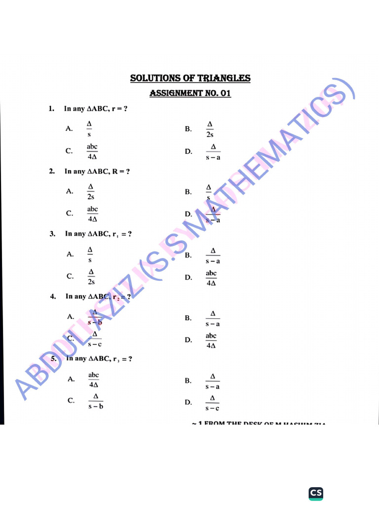 CH #11 (Solution of Triangle) | PDF