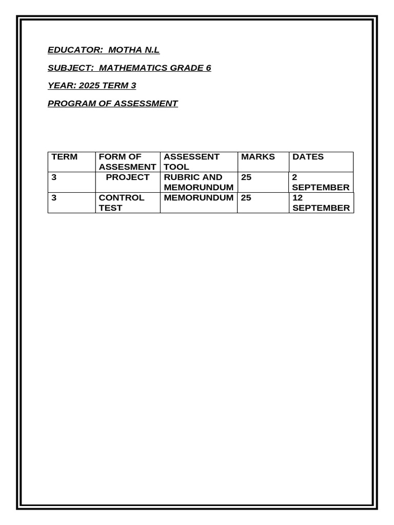 Program of Assessment Maths Grade 6 | PDF