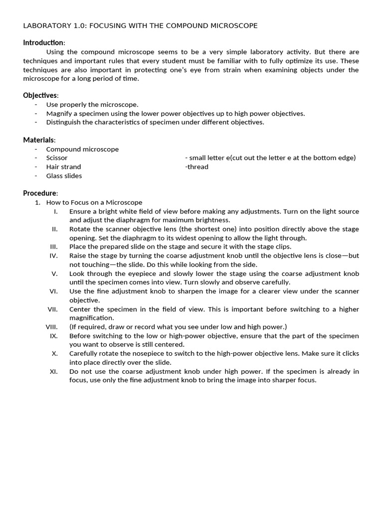 Laboratory Activity 1-FOCUSING WITH THE COMPOUND MICROSCOPE | PDF ...