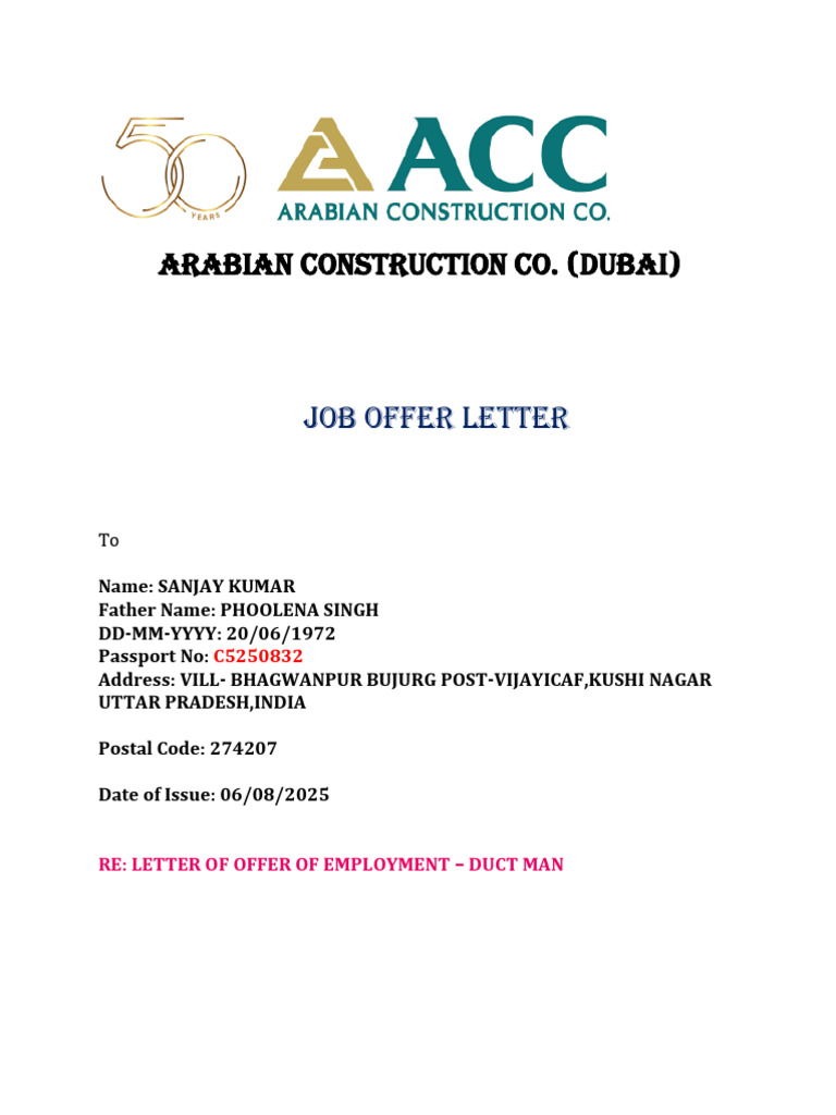 Job Offer for Duct Man at ACC Dubai | PDF | Employment | Labor