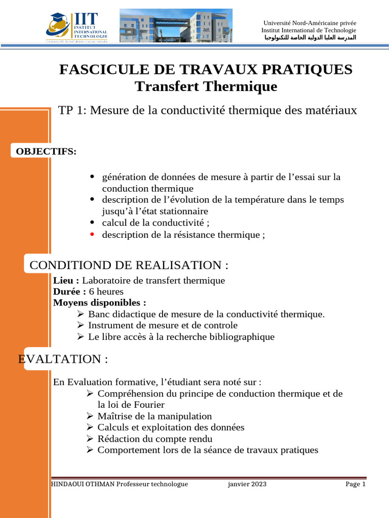Fascicule TP Conductivité Thermique | PDF | Conduction thermique ...