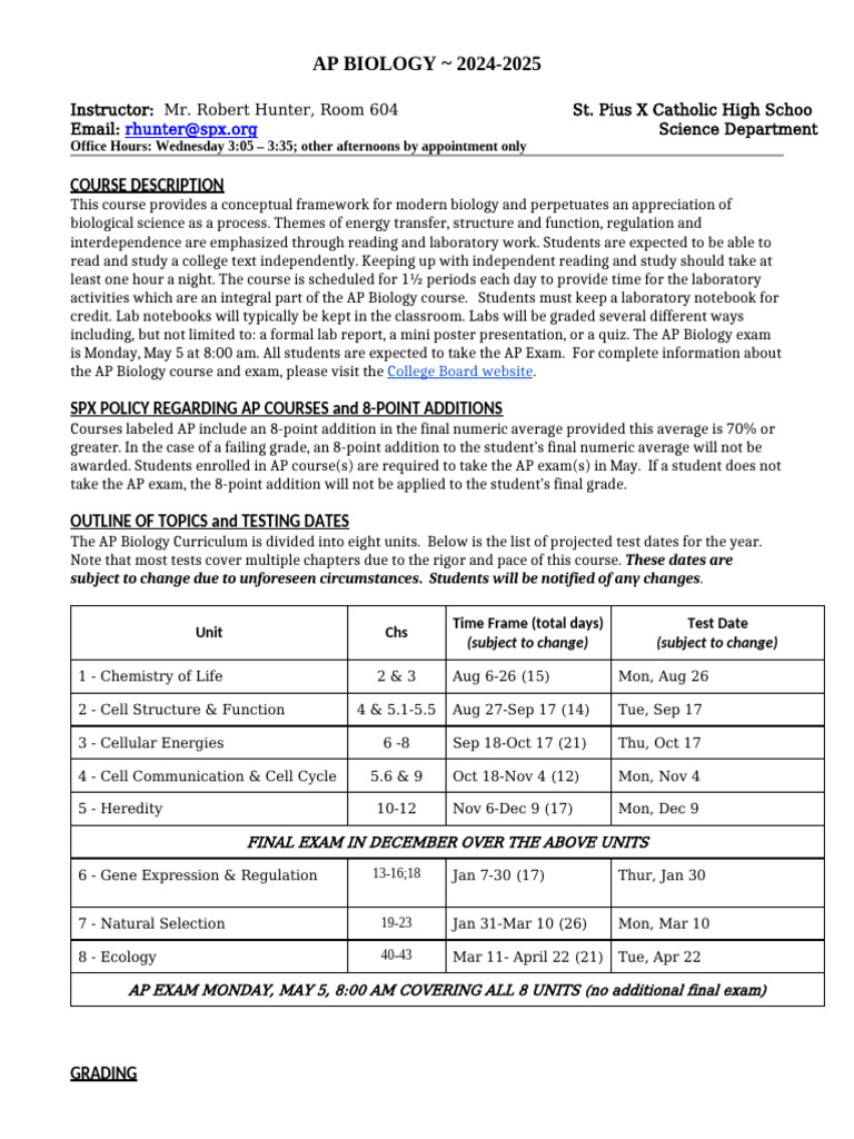 AP Biology Syllabus 2024-2025 HUNTER-1 | PDF | Plagiarism | Academic ...