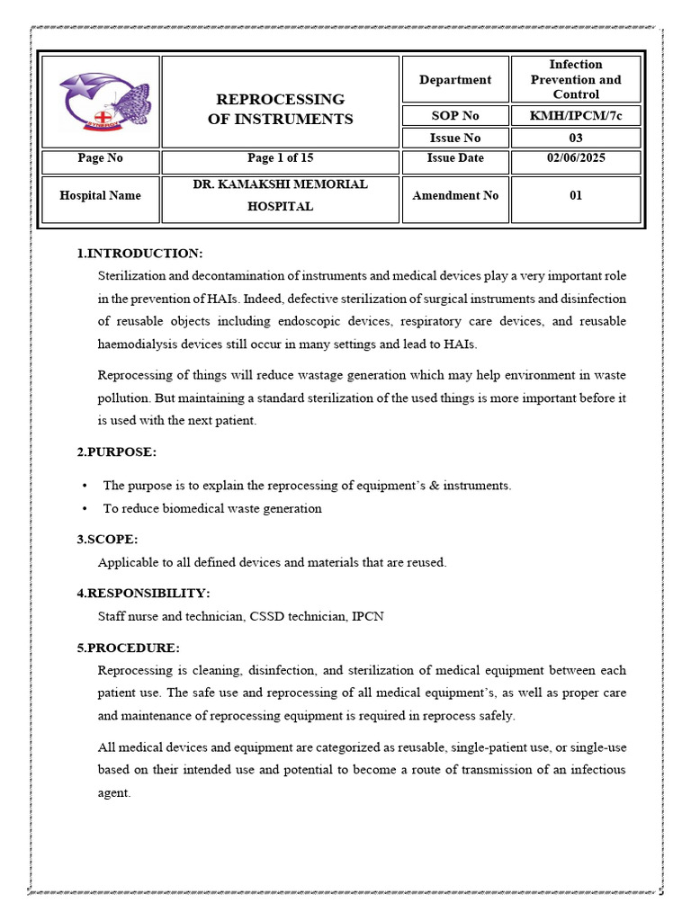 SOP 7c-Reprocessing of Instruments | PDF | Sterilization (Microbiology ...