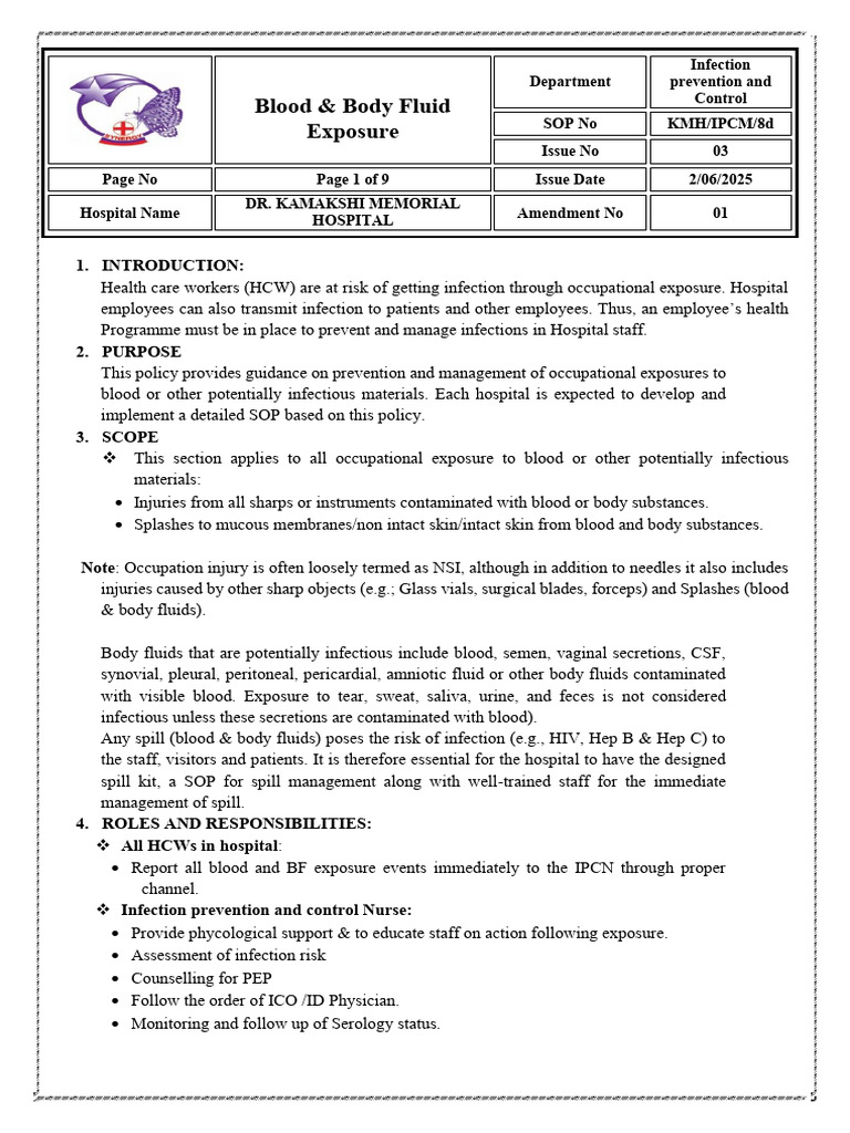 Blood and Body Fluid Exposure SOP | PDF | Hepatitis B | Medical Specialties