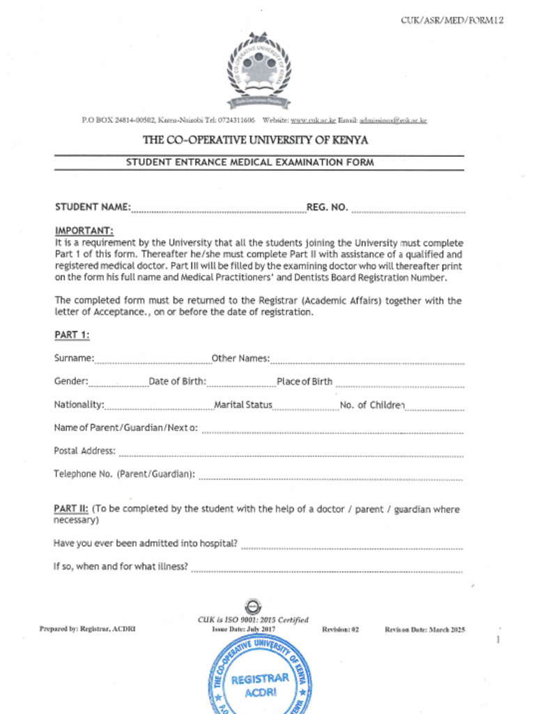 Medical Examination Form | PDF