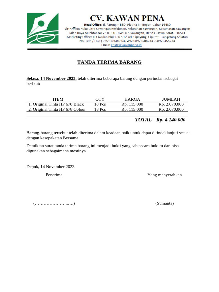 Tanda Terima Barang Tinta HP 678 | PDF