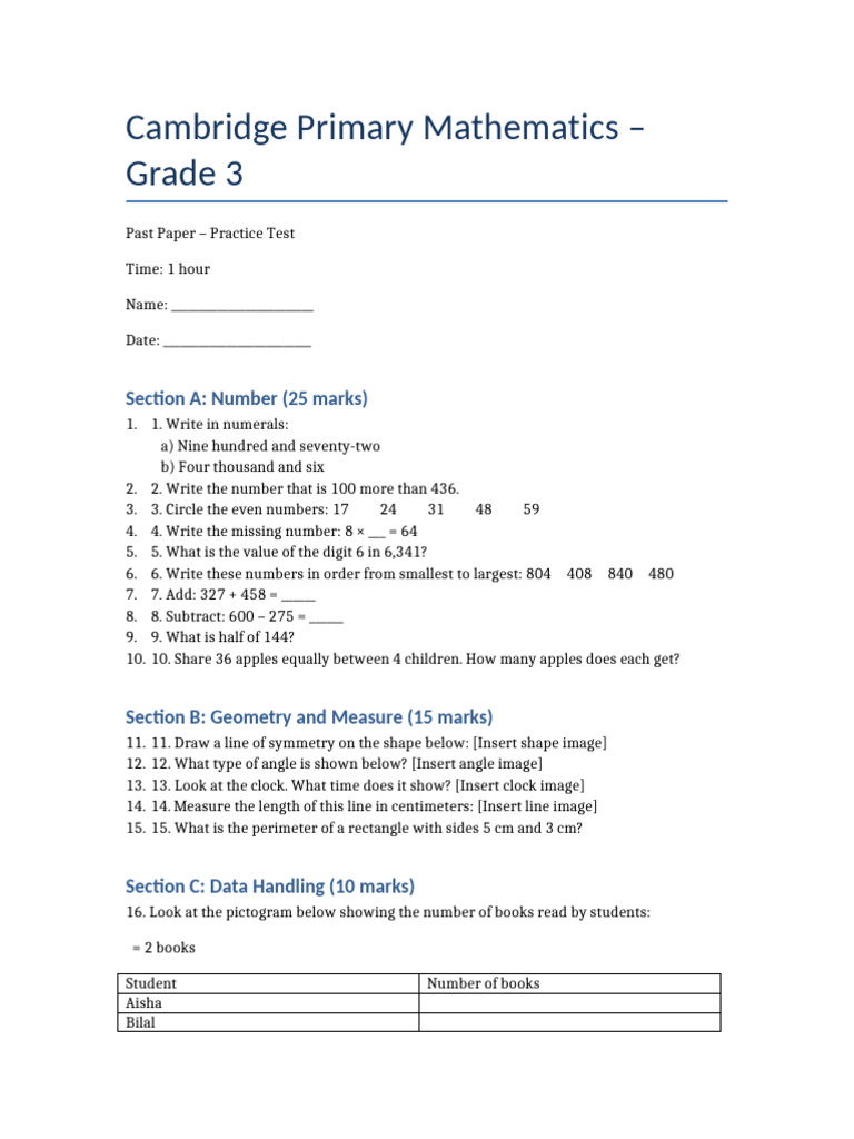 Grade 3 Cambridge Math Past Paper | PDF