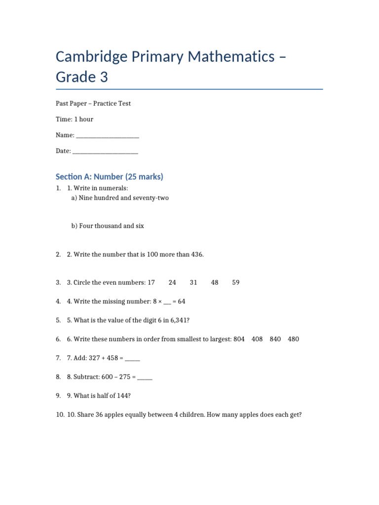 Grade 3 Cambridge Math Past Paper 1 | PDF