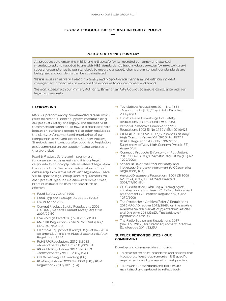 M&S Food Safety & Integrity Policy | PDF | Regulatory Compliance ...