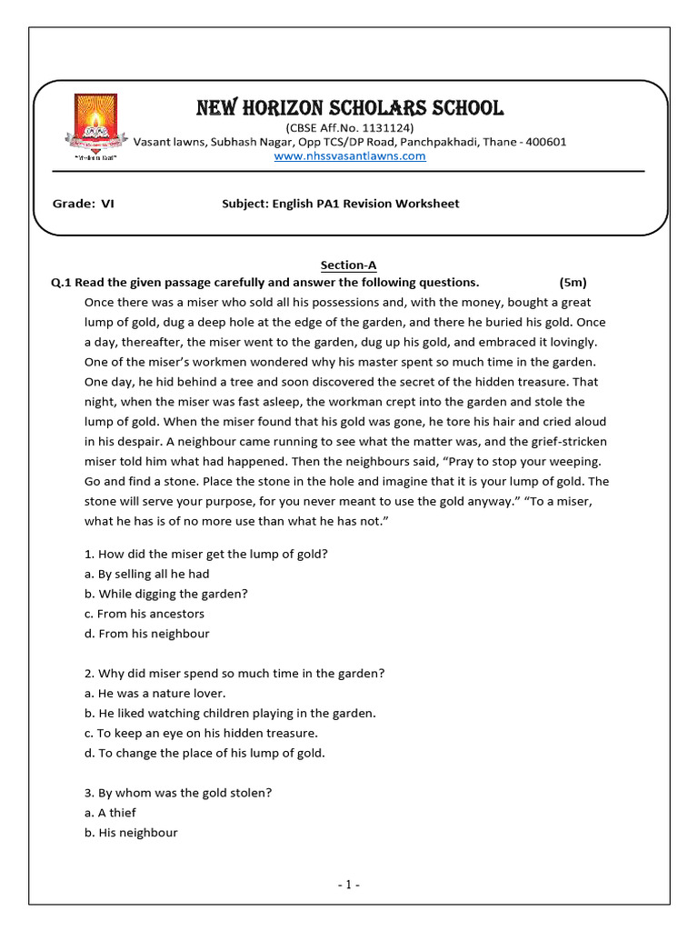 Grade 6 English PA1 Revision Worksheet | PDF | Syntax | Grammar