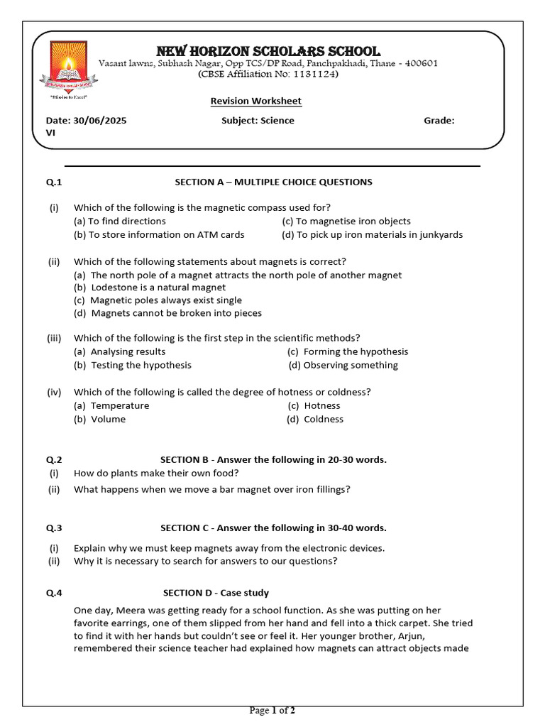 Grade 6 Science Revision Worksheet 2025-26 | PDF | Magnet | Magnetism