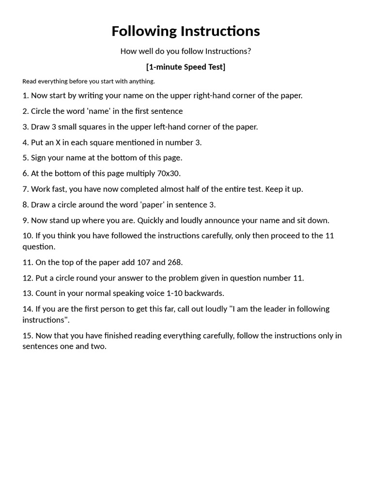 Speed Test for Following Instructions | PDF