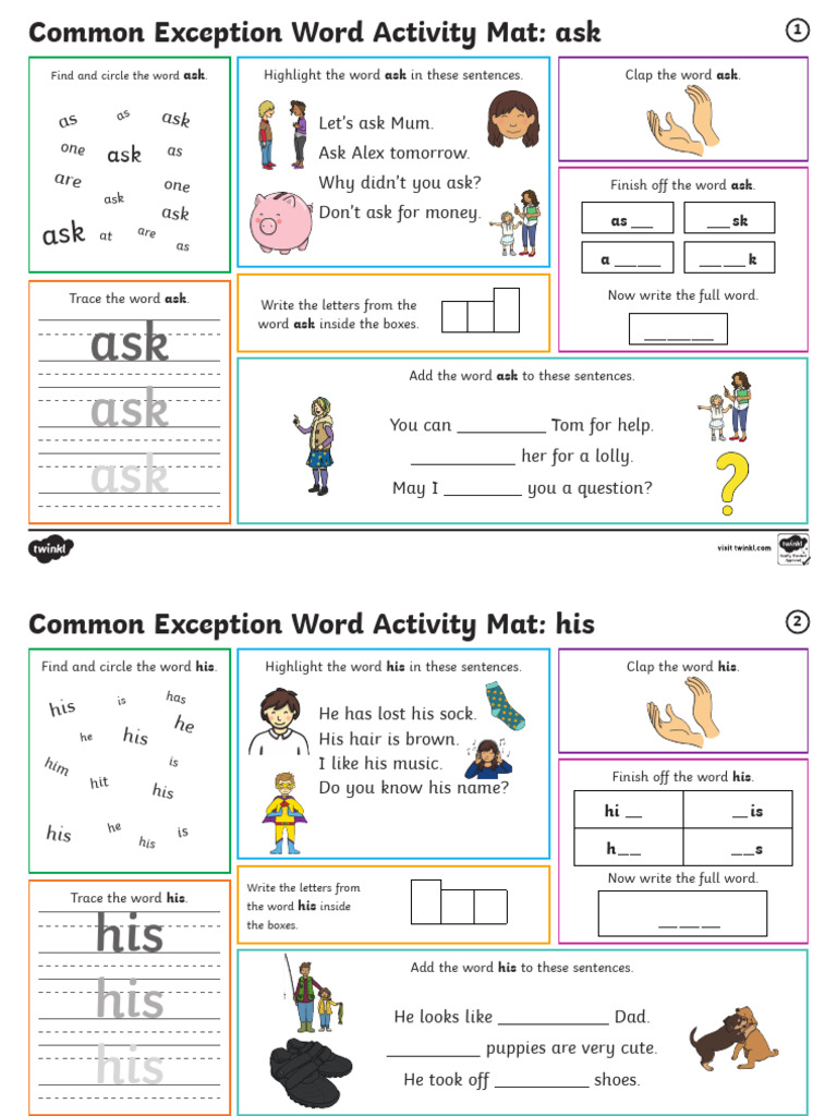 Common Exception Words Activity Mat | PDF