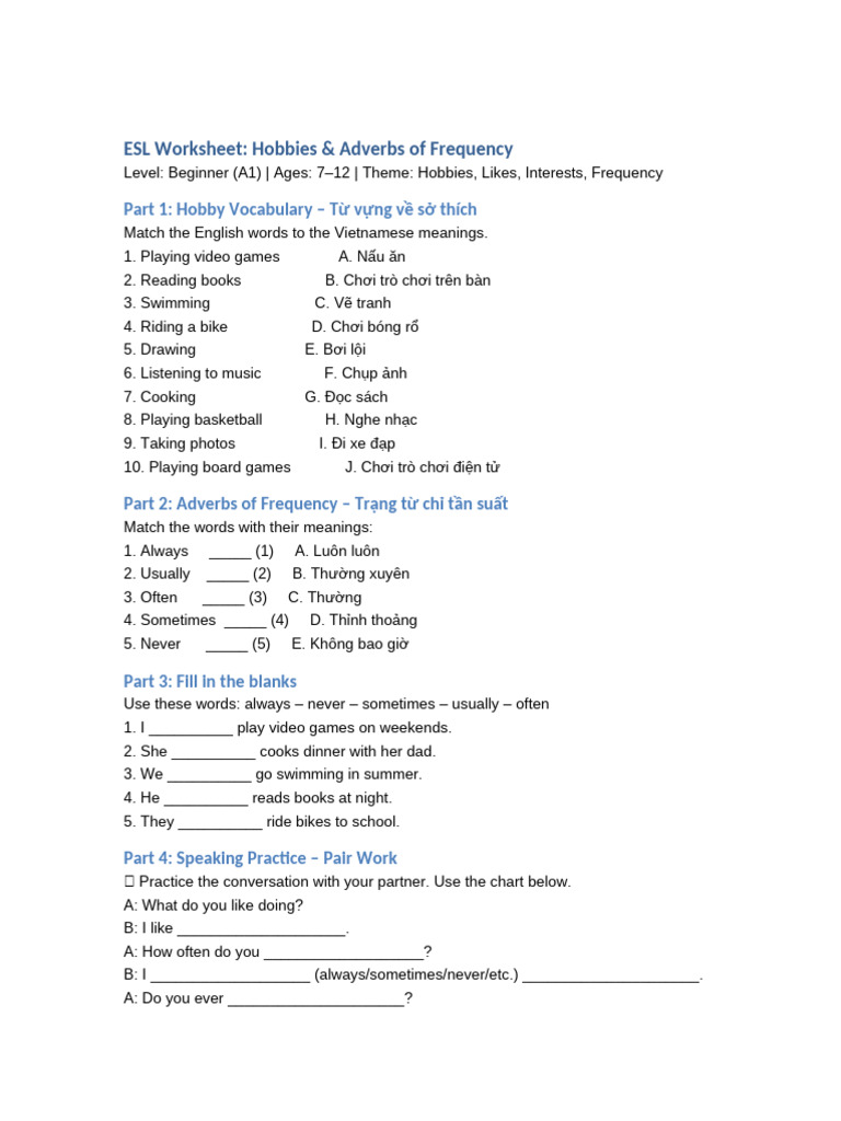 Hobbies Adverbs ESL Worksheet F4-1 | PDF
