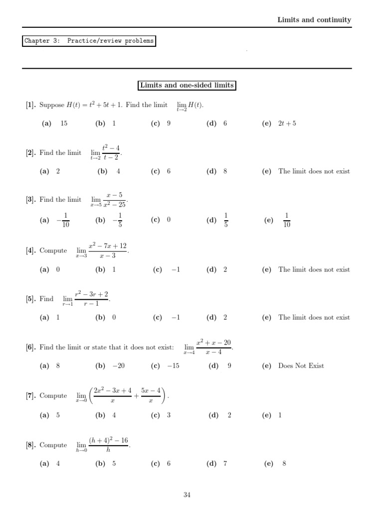 Limits and Continuity Practice Problems | PDF