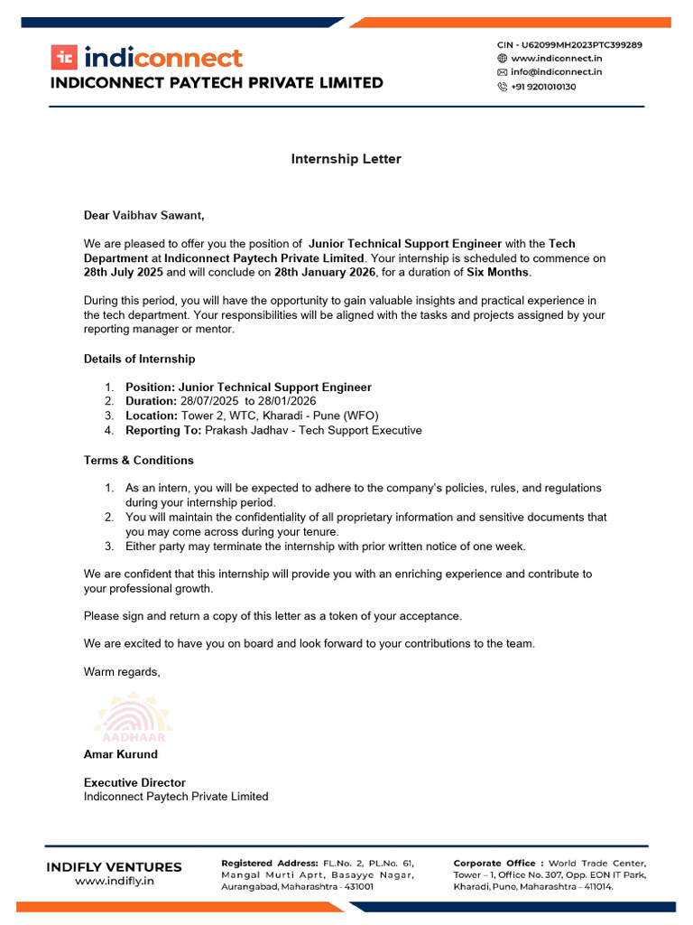 Indiconnect - Intern Ltter Draft Vaibhav Sawant - Signed | PDF