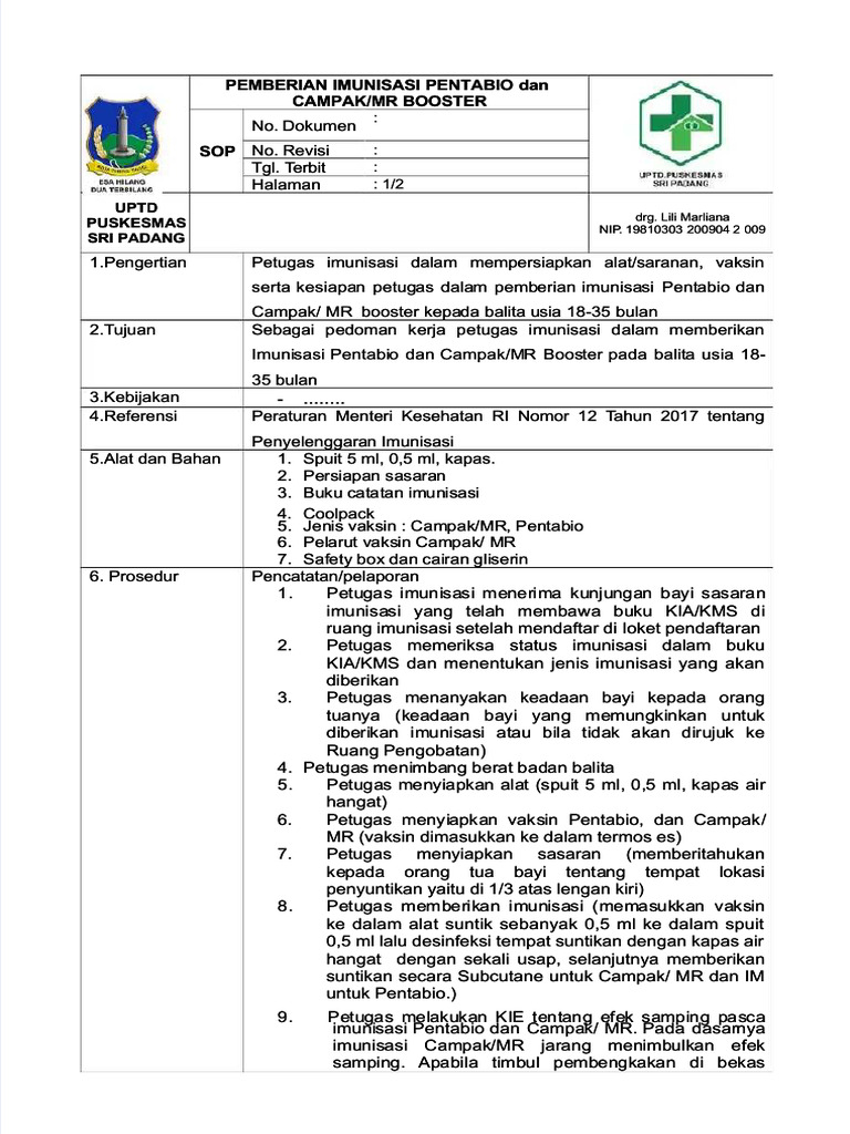 SOP Imunisasi Pentabio dan Campak/MR | PDF