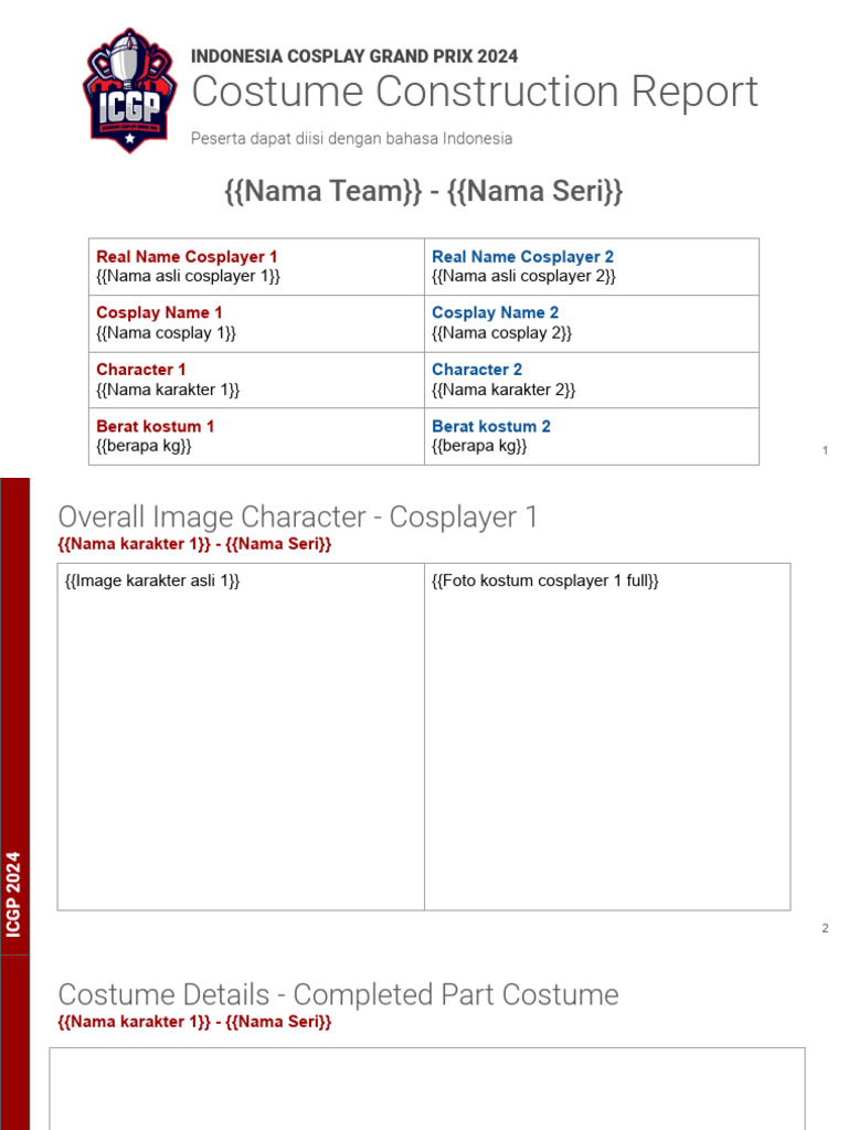 Format Costume Construction Report ICGP 2024 | PDF | Cosplay | Fandom