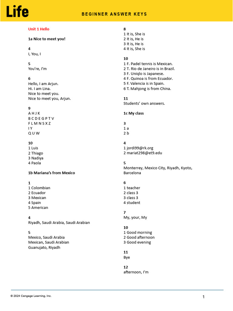 Beginner Answer Keys for Life Edition | PDF