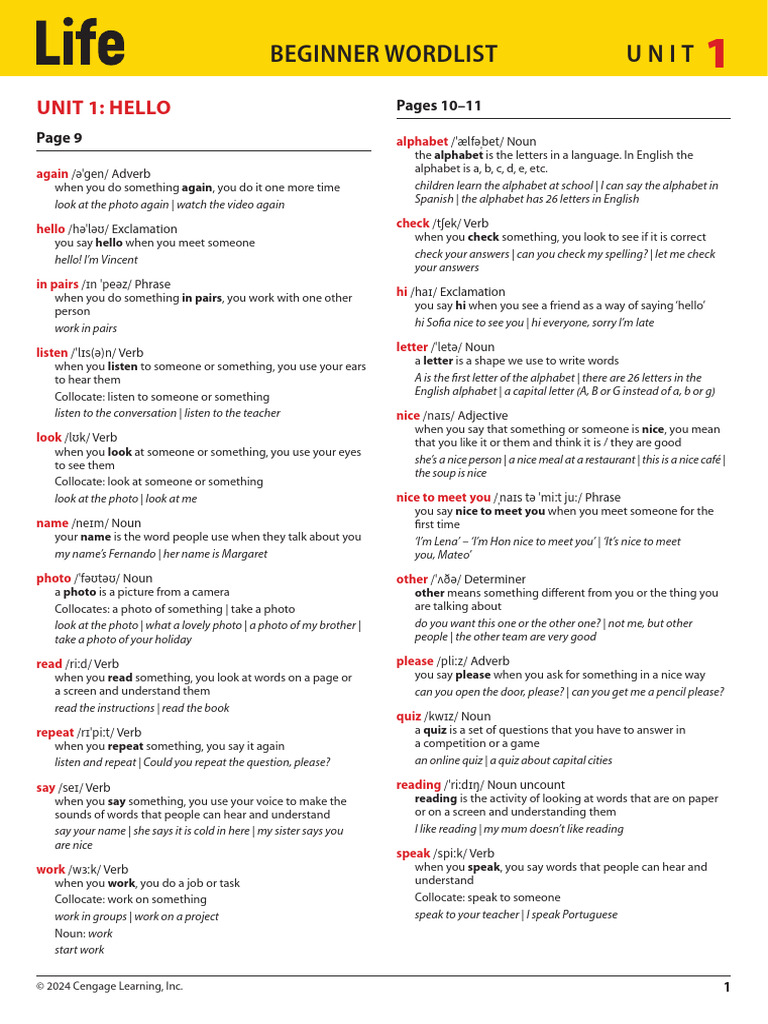 Beginner Vocabulary: Unit 1 Overview | PDF | Adjective | English Language