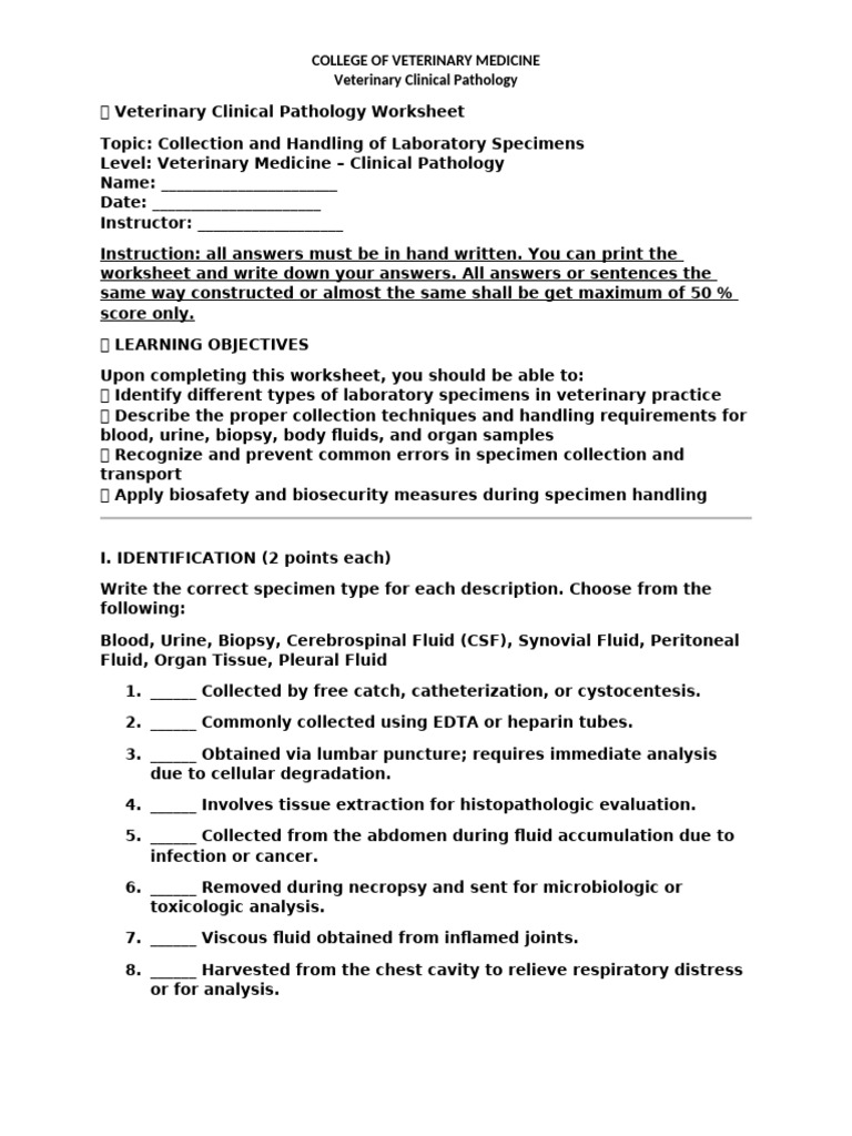 Clinical Pathology Worksheet Answers | PDF | Clinical Pathology | Pathology