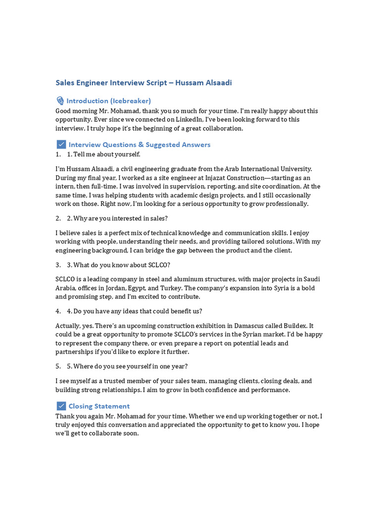 Sales Engineer Interview Guide: Hussam Alsaadi | PDF
