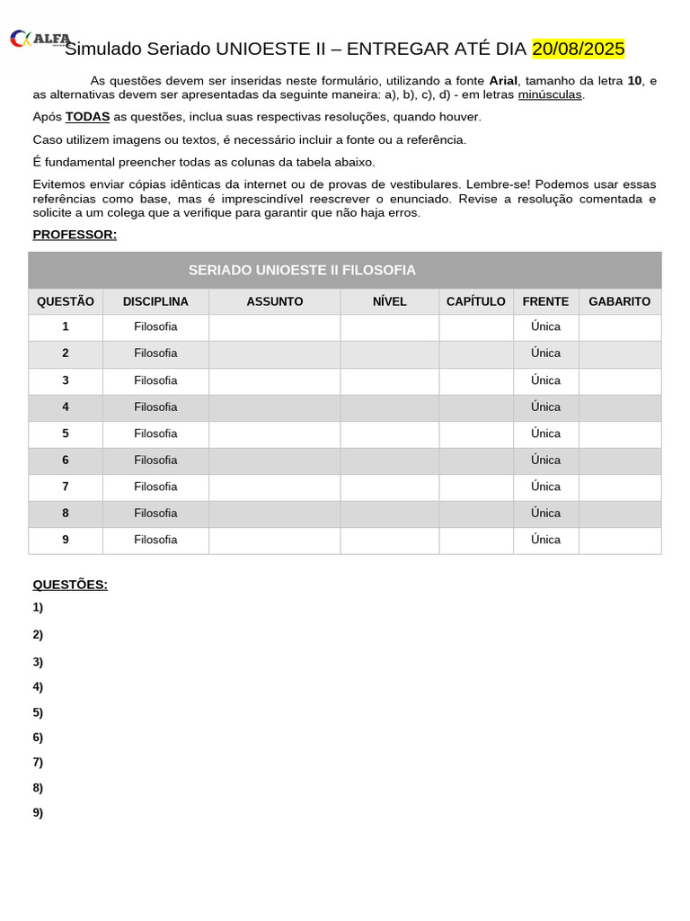Simulado UNIOESTE II: Instruções e Questões | PDF