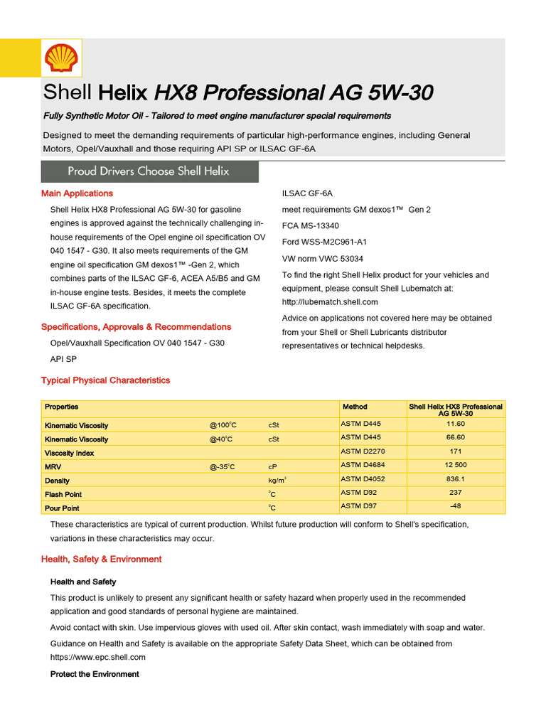 Shell Helix HX8 Professional AG 5W-30: Main Applications | PDF | Motor ...