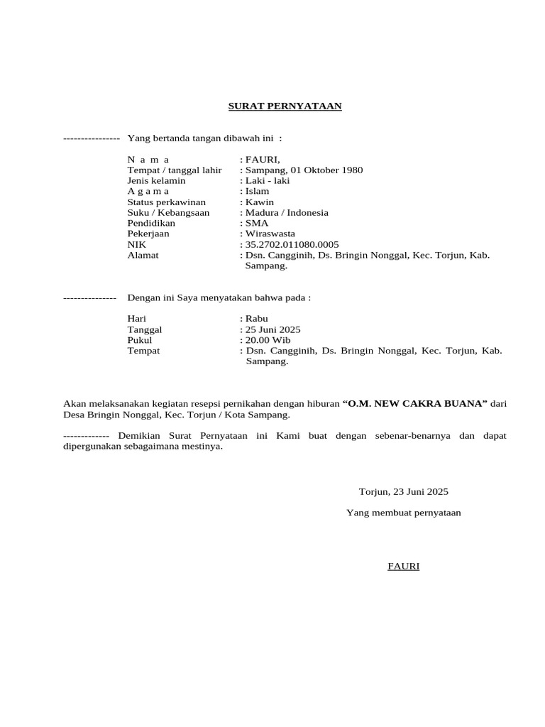 Surat Pernyataan Ybs Mengadakan Kegiatan | PDF