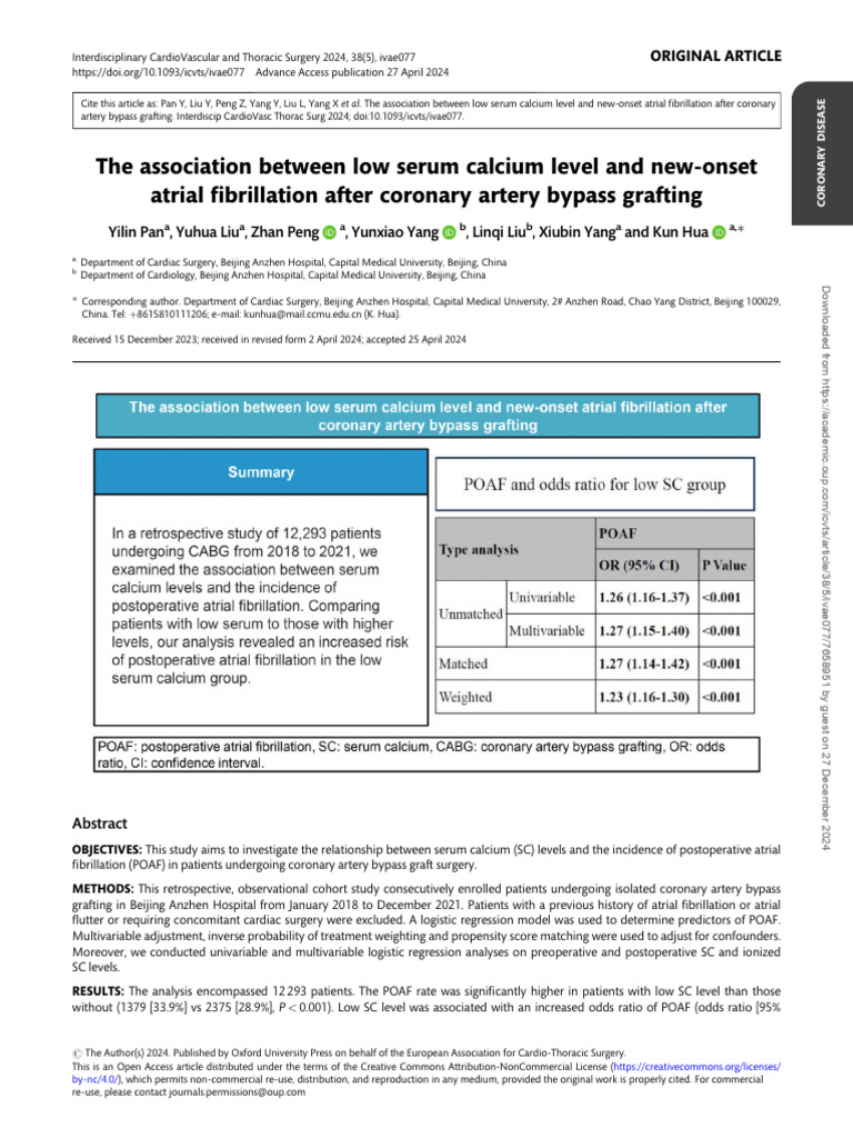 The Association Between Low Serum Calcium Level and New-Onset Atrial ...