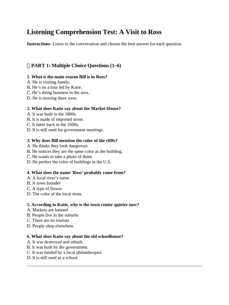Listening Comprehension: Ross Tour Quiz | PDF