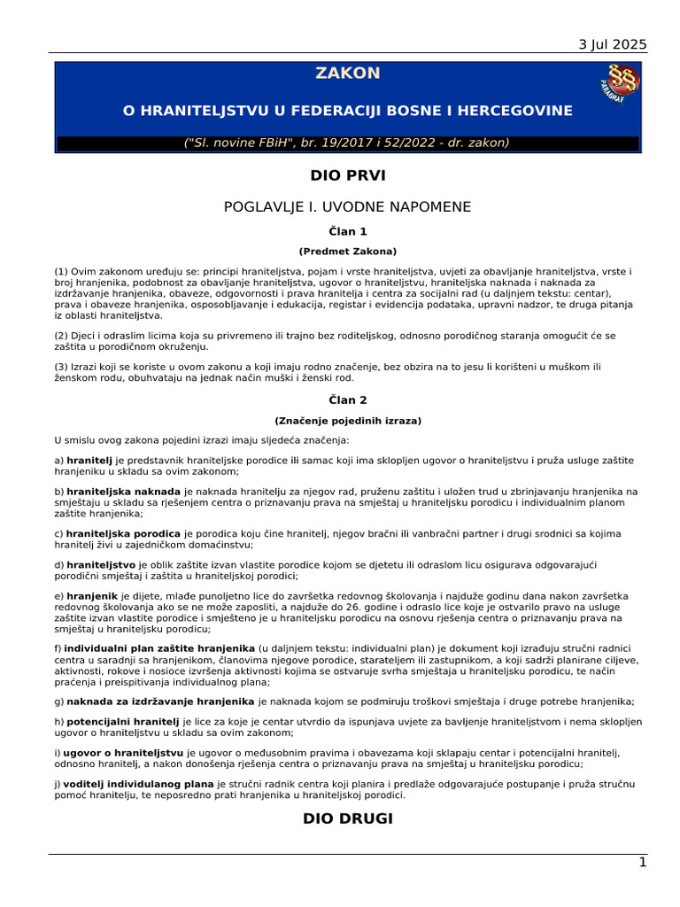 Zakon o Hraniteljstvu U Federaciji Bosne I Hercegovine | PDF