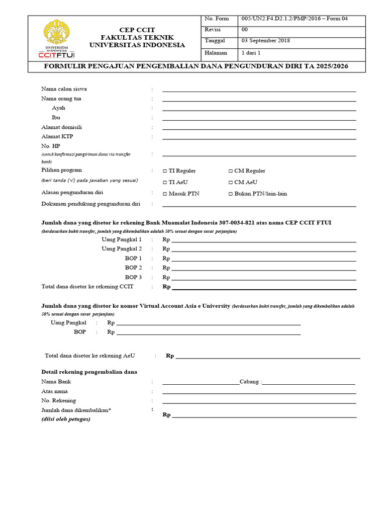 Formulir Pengajuan Pengembalian Dana Ta 2025-2026 | PDF