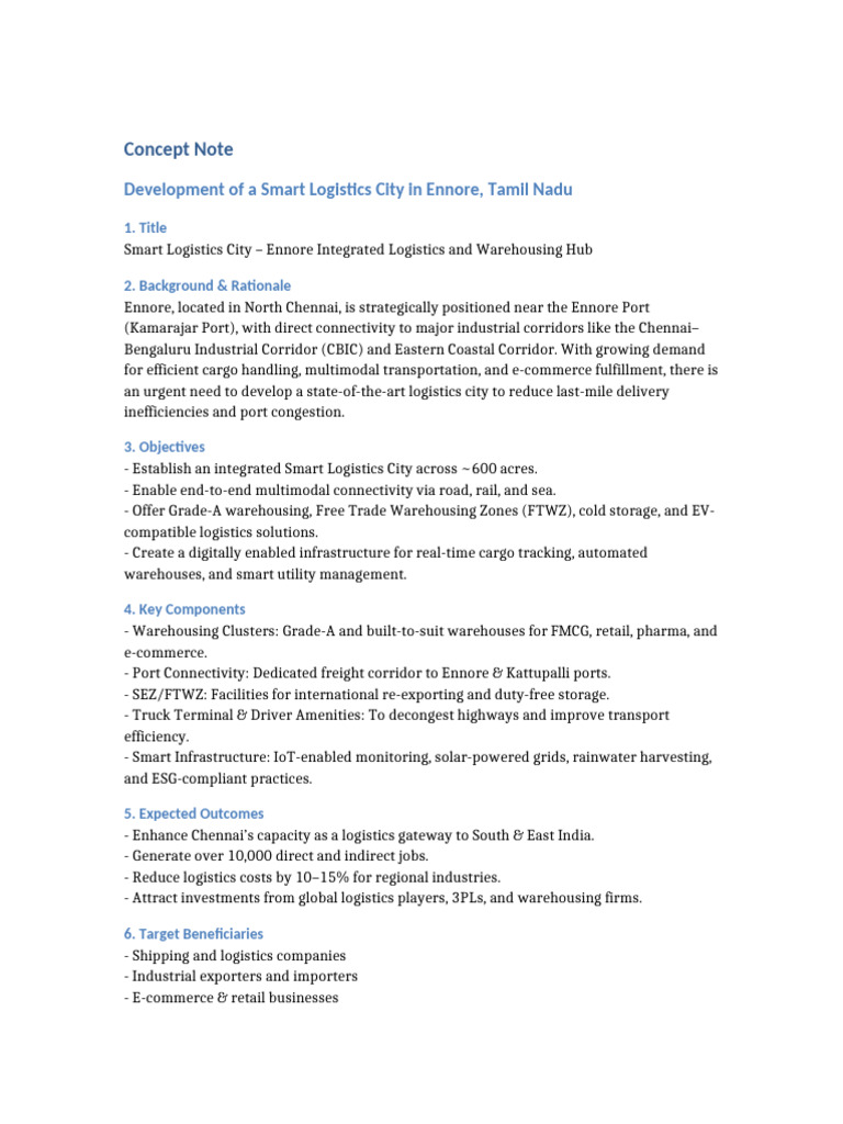 Concept Note Smart Logistics City Ennore | PDF | Warehouse | Logistics