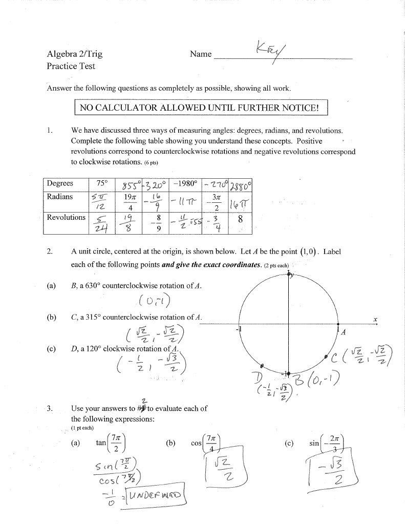 Practice Test Trig Unit 1 Answer Key | Angle | Trigonometric Functions