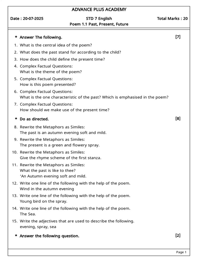 English Poem 1.1 STD 7 | PDF