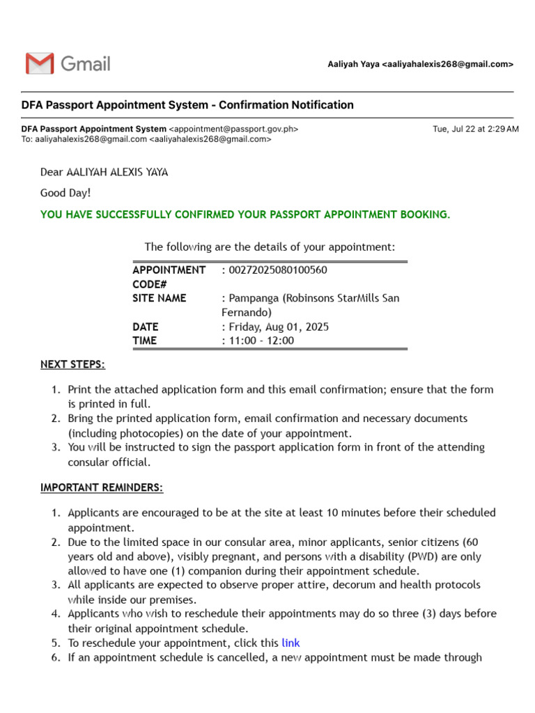 DFA Passport Appointment Confirmation | PDF