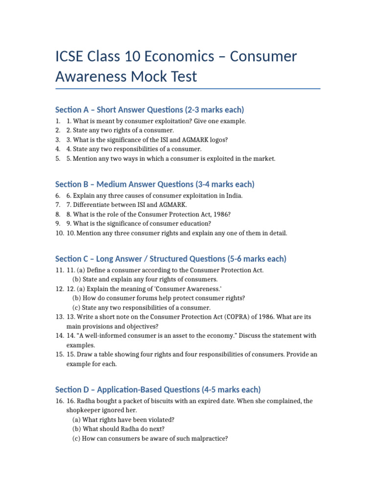 Class 10 Consumer Awareness Test | PDF