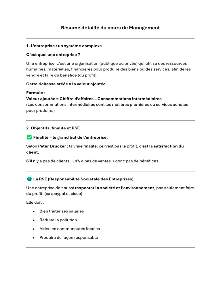 Résumé du cours de Management PDF | PDF | Direction | Business