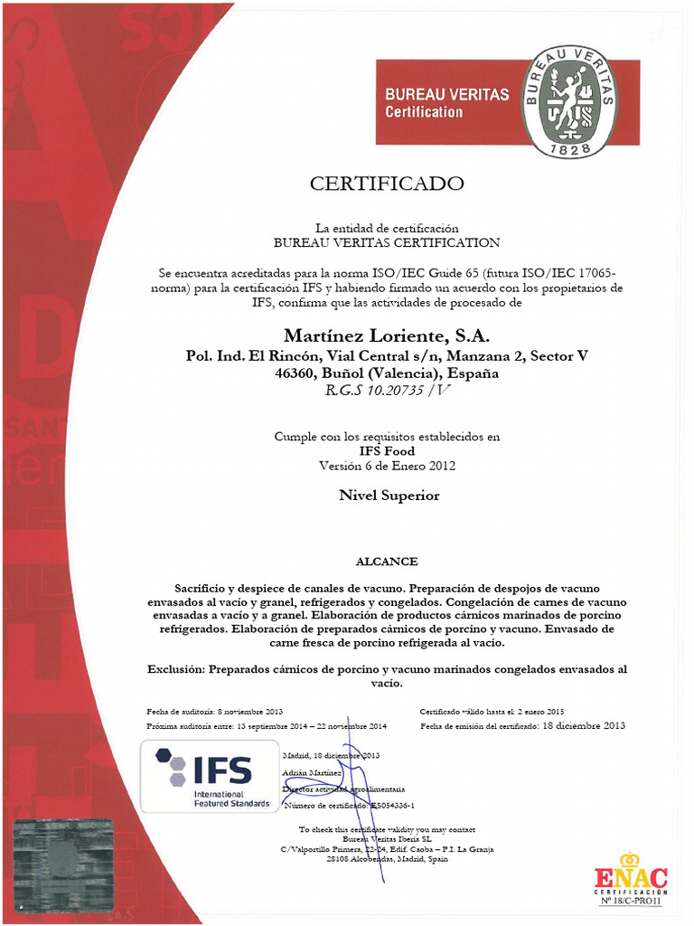 Certificación IFS Food Martínez Loriente | PDF | Carne | Derechos animales