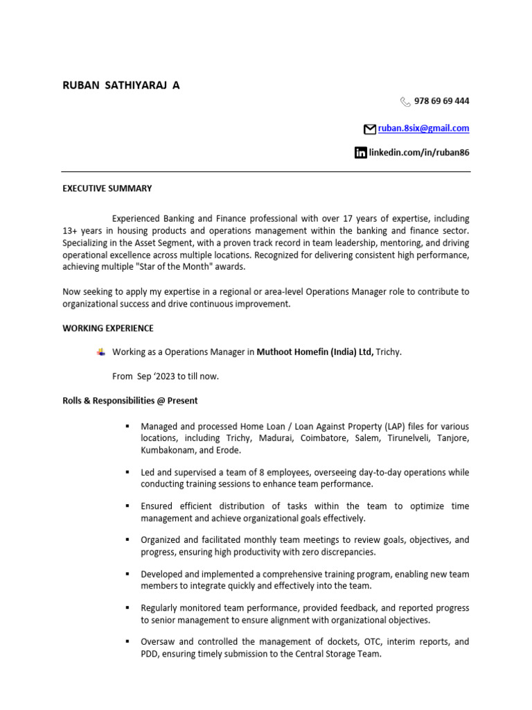 Resume Ruban Sathiyaraj 2025 | PDF | Regulatory Compliance | Cheque