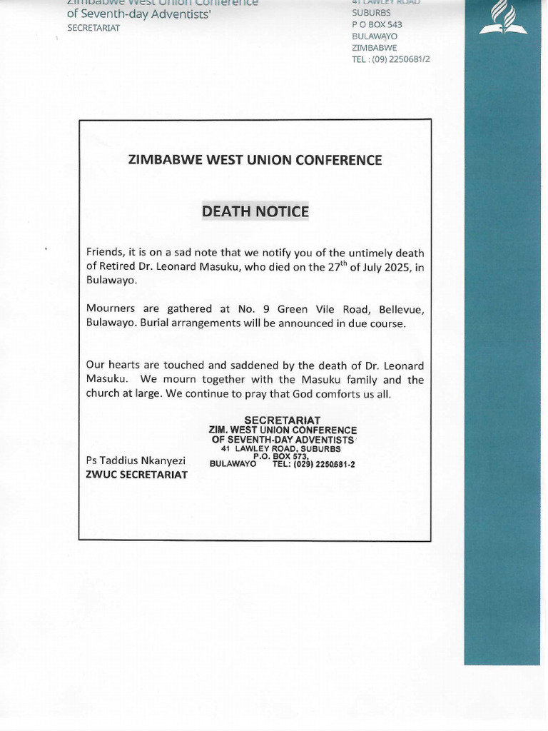 Death Notice - DR Leonard Masuku | PDF