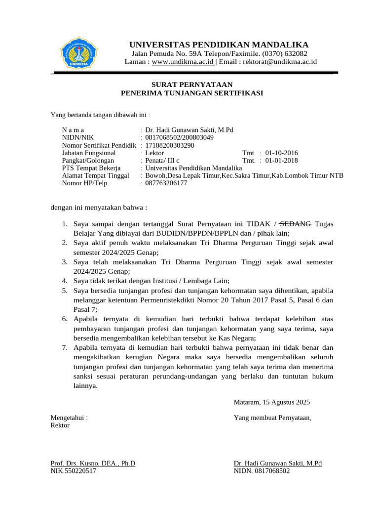 Surat Pernyataan Dosen - Ganap TH 2024-2025 - Hadi Gunawan Saktidocx | PDF