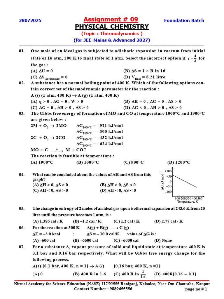 Thermodynamics Assignment for JEE 2027 | PDF | Thermodynamics | Temperature