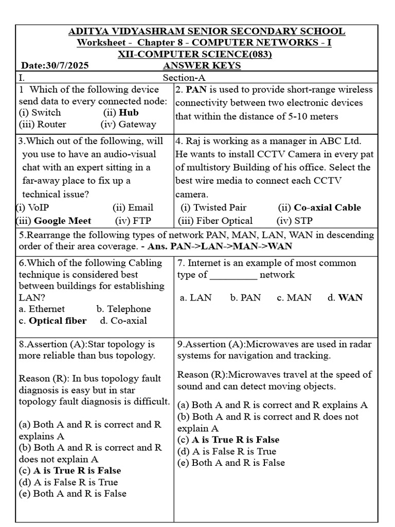 Computer Networks 1 worksheet answer keys | PDF | Computer Network | Network Topology