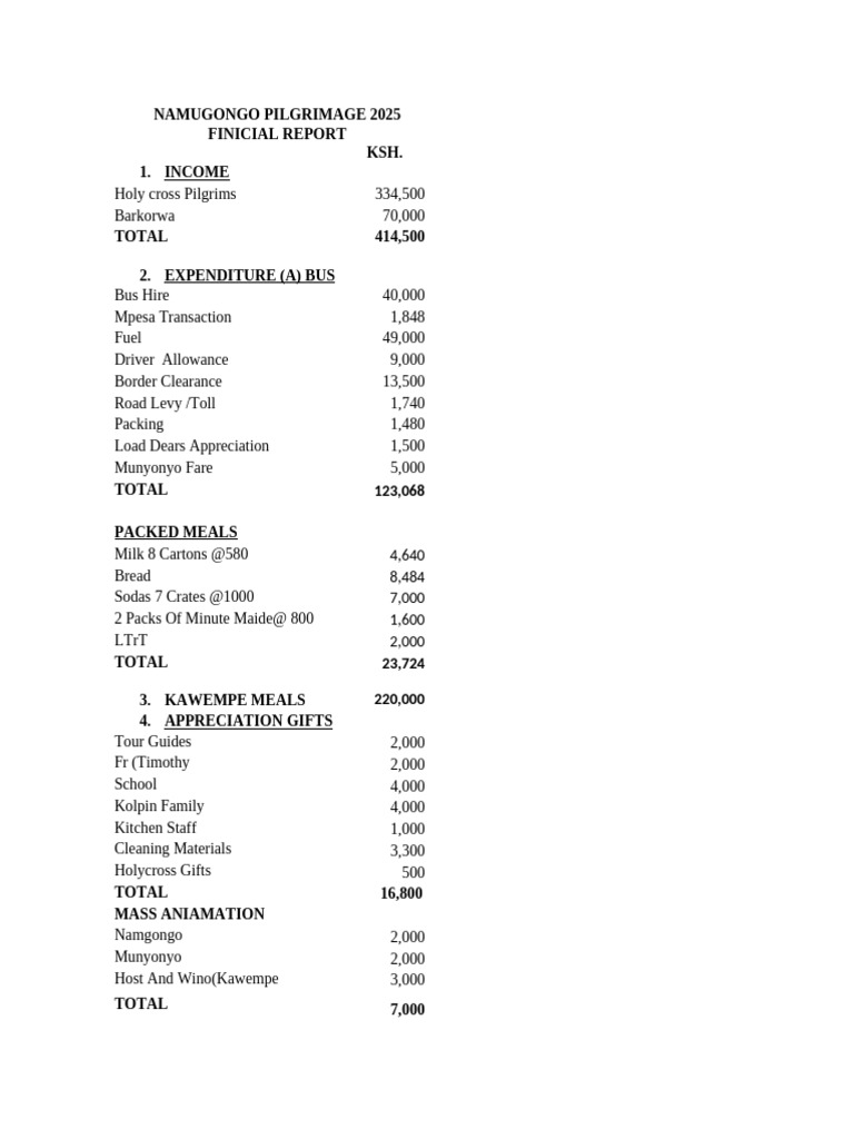 Namugongo Pilgrimage 2025 Financial Summary | PDF