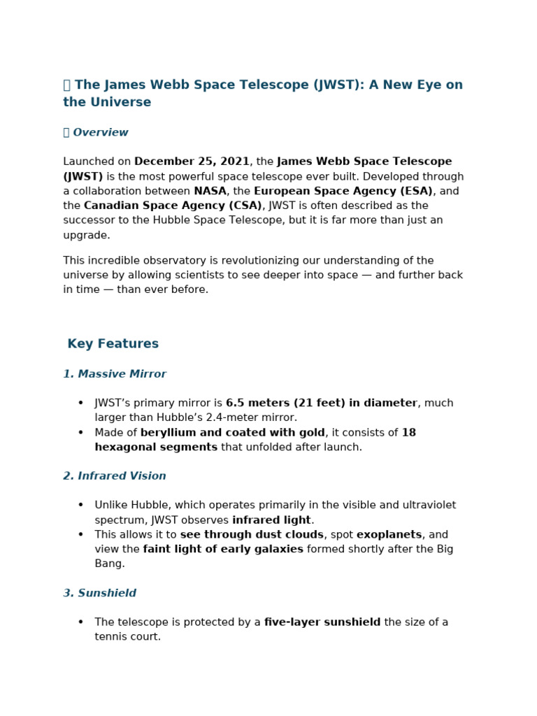 The James Webb Space Telescope (JWST) A New Eye On The Universe | PDF ...