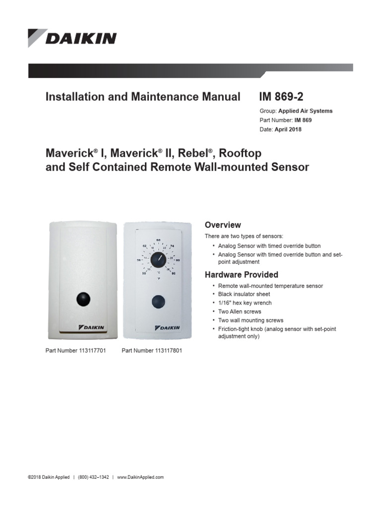Daikin Maverick Remote Sensor Manual | PDF