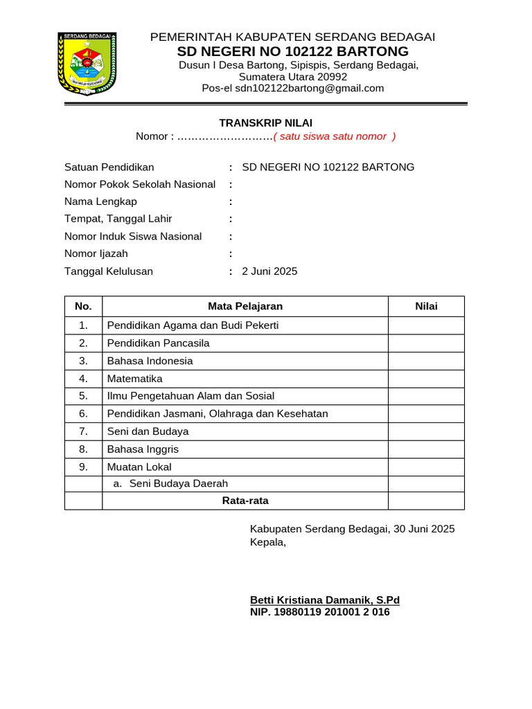 Format Transkrip Nilai Kurikulum Merdeka SD Bartong | PDF